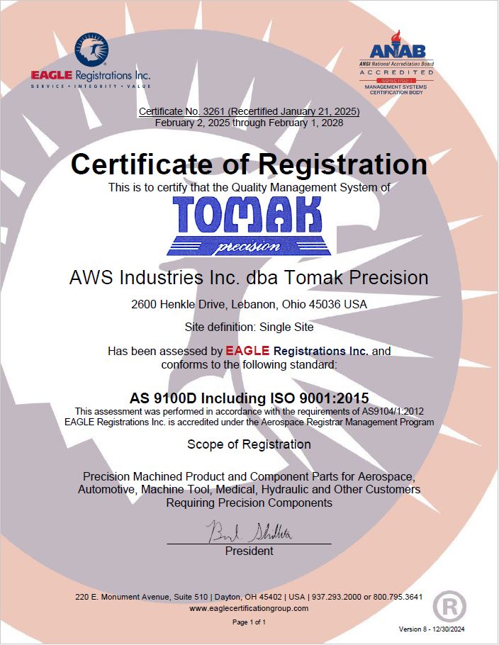 Certifications | Tomak Precision